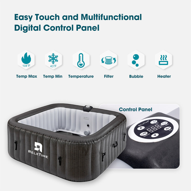 RELXTIME 4-6 Person Inflatable Hot Tub, Portable Air Jet Square Spa Outdoor Heater Blow Up ...